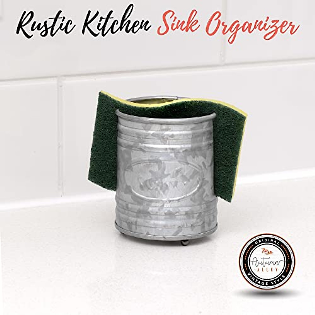 Autumn Alley Farmhouse Sponge Holder - Galvanized Kitchen Sponge Holder for Kitchen, Rustic Kitchen Accessories Farmhouse Style with SCRUB Label, Charm Country Kitchen Accessories Counter