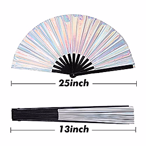 Gionforsy 1pcs Rave Hand Fan Bamboo Holding Hand Fan Large Folding Fan with Bright Color Fabric Folding Fan for Festival (1PC-Style4 Silver)