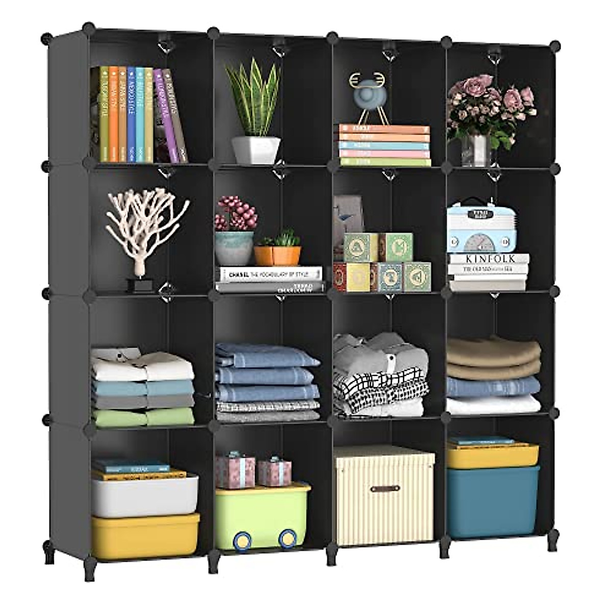 FUNLAX Cube Storage Shelf, 16 Storage Cubes Closet Organizers and Storage Portable Cube Storage Organizer Plastic Bookshelf Bookcase for Study Room, Bedroom, Office, Black