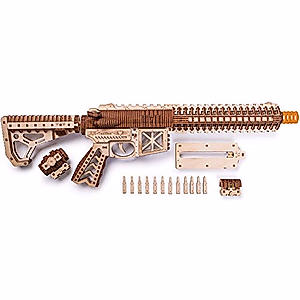 Wood Trick Assault Gun AR-T Model Kit for Adults and Teens to Build - with Telescoping Butt, Fuse, Sight and Clip for 12 Rounds - Detailed Construction - 23x8″ - 3D Wooden Puzzle - 14+
