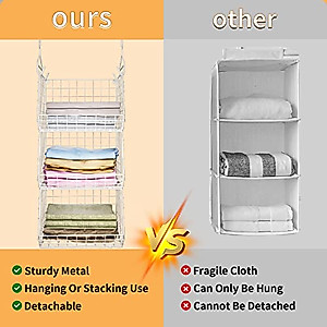 X-cosrack 3 Tier Foldable Closet Organizer, Clothes Shelves with 5 S Hooks, Wall Mount&Cabinet Wire Storage Basket Bins, for Clothing Sweaters Shoes Handbags Clutches Accessories-White Patent Design