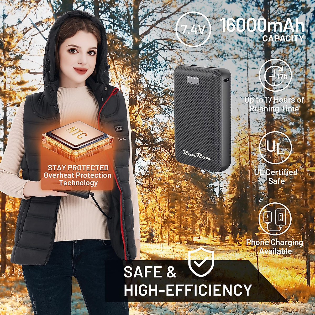 RenRon Heated Vest Women With Hood - 7.4V 16000mAh Battery Pack,Detachable Heated Hood, Slim Fit Womens Heated Vest