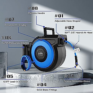 80FT + 6.5FT Retractable Air Hose Reel, Wall Mount Penumatic Hose Reel for Garage Workshop, Automatic Rewind, 3/8" x 80' Hybrid Air Hose with Brass Fittings + Bend Restrictors, 300PSI