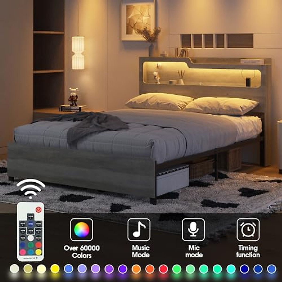 Fameill Full Size Bed Frame with 2-Tier Headboard, Metal Platform Bed Frame RGB Led Lights with Charging Station, No Box Spring Needed, Noise Free