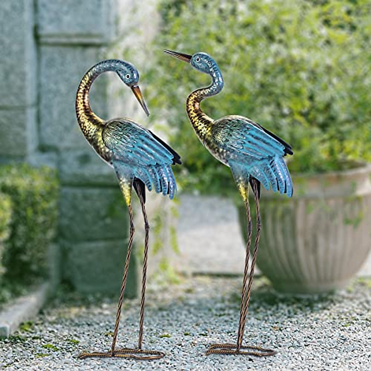 Natelf Garden Crane Statues Outdoor, Standing Blue Heron Decoy Sculptures, Metal Bird Yard Art for Lawn Patio Backyard Decoration(Set of 2)