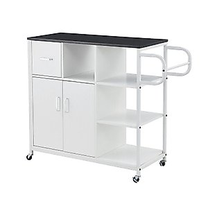 JouZYA Kitchen Island Rolling Storage Cabinet Cart w/Wheels, Drawers, Rack White-Black
