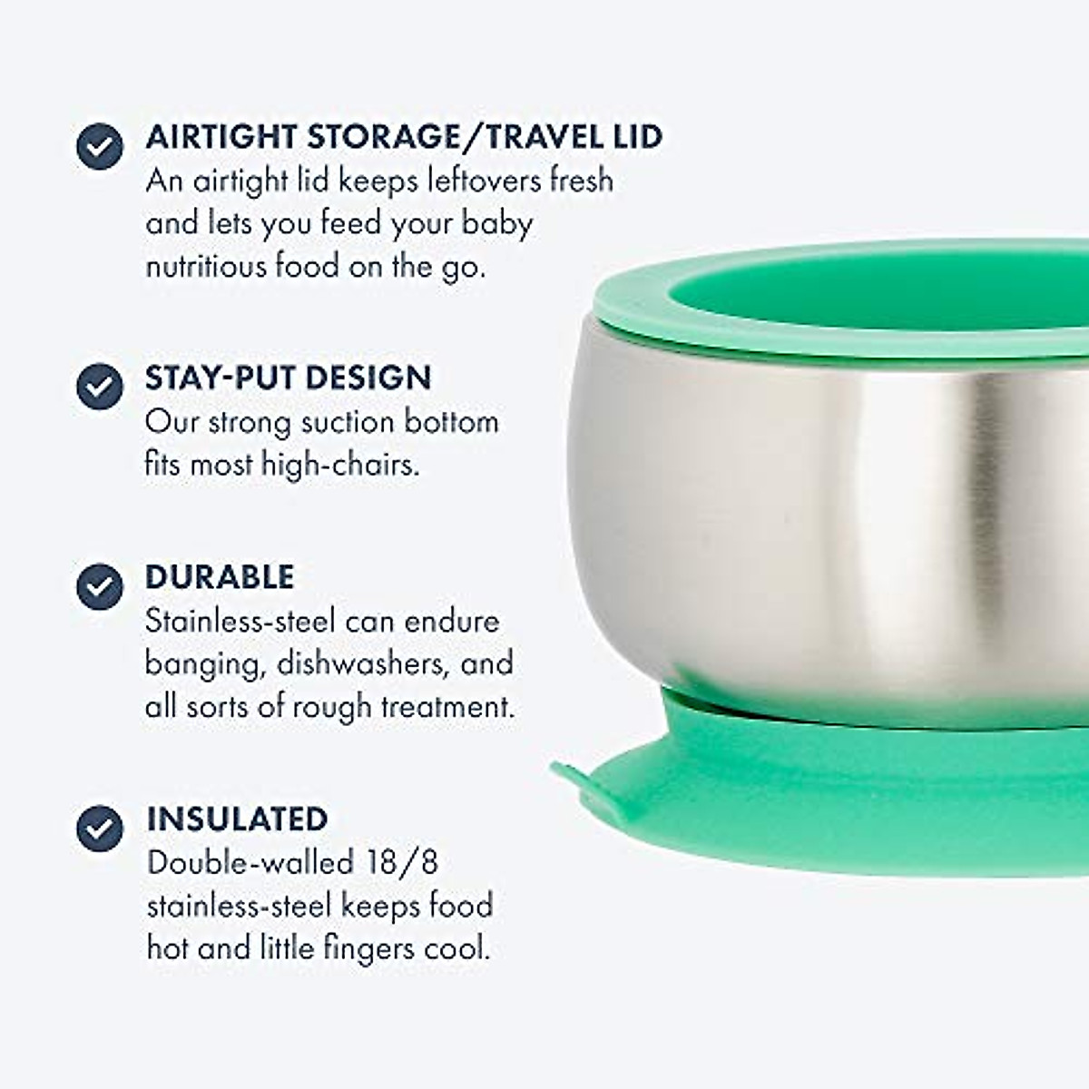 Avanchy® Baby Bowls with Suction and Storage Lids Set. Babies Kids Toddler Boys Girl First Food Feeding. Fits Feeding High Chair Table. Stainless Steel, Blue