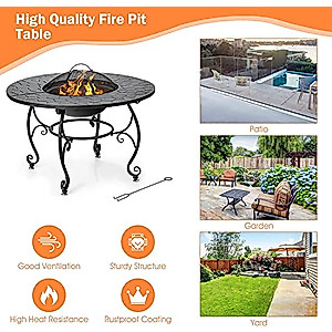 Renatone Bonfire Wood Burning Fire Pit Table, 36 Inch 4-in-1 Outdoor Dining Table, PVC Cover, Multifunctional Metal Round BBQ Garden Fire Bowl with Lid for Garden, Poolside, Backyard