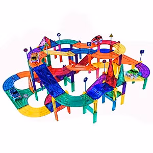 PicassoTiles 150 Piece Race Car Track Building Block Educational Toy Set Magnet Tile Magnetic Blocks Playset 4 Cars Early STEM Learning Construction Kit Hand-Eye Fine Motor Skill Brain Training PTR150