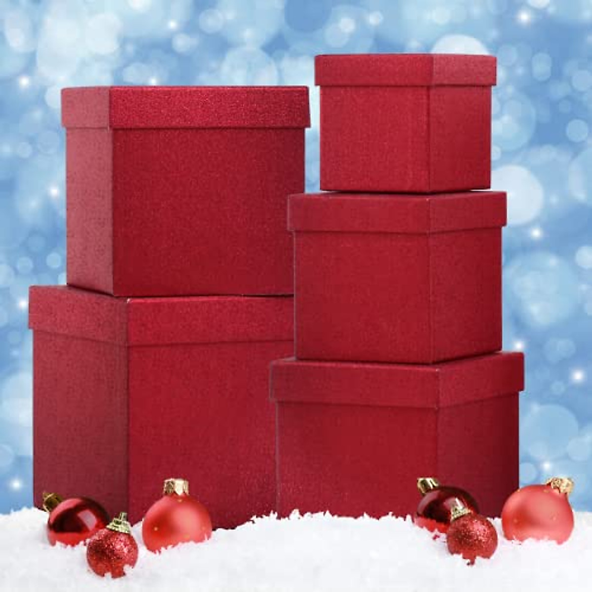 UNIQOOO 5Pcs Red Glitter Christmas Gift Box Set with Lid, Assorted Size, Square Nested Wedding Keepsake Boxes, Holiday Paper Box Tower Organizer For Birthday Party, Mother's Day Gift Wrap Packaging