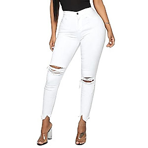 LONGYIDA Women's High Rise Ripped Skinny Jeans Stretch Slim Fit Distressed Destroyed Denim Ankle Pants(White,L)