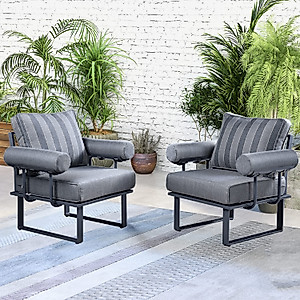 HOOOWOOO Aluminium Outdoor Chairs Set of 2 Patio Club Chairs Armchairs Bistro Set Chairs with Armrest Cushions,Grey Frame Grey Stripes Thick Cushions
