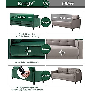Esright 84.2" Velvet Couch Sofa with 2 Bolster Pillows,Green Office Sofa Mid-Century Couch for Living Room 3 Seats Couch for Apartment
