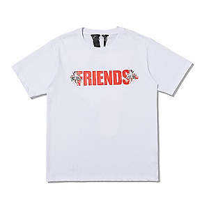 DASWASDUA Men's V-Lone Friends Cupid Gun T-Shirt Hip Hop Big V Letter Print Cotton Fashion Loose Couple Crew Top Whte M
