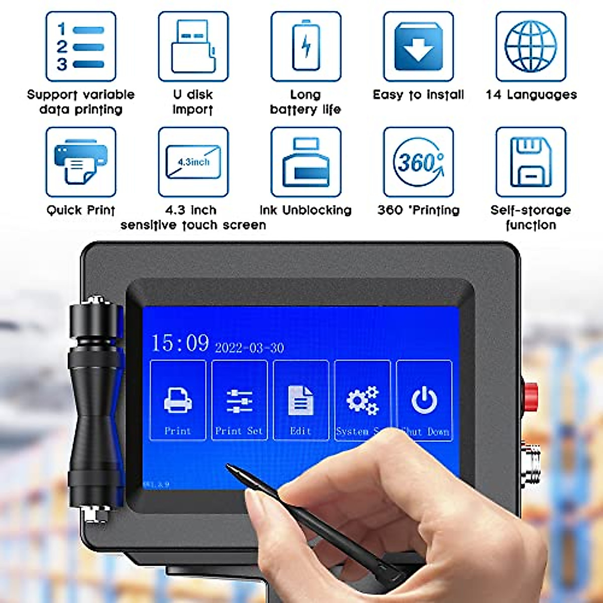 BESHENG Handheld Inkjet Printer JS12H1 with Touch Screen Inkjet Coder with Quick-Drying Ink Handheld Printer Printing Height 0.08-0.5Inch for Variable Text QRCode/Date/Barcode/Logo/Batch Number/Label