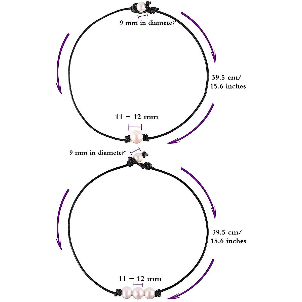 MauSong 2 Pieces Single Freshwater Pearl Necklace and 3 Freshwater Pearl Beads Choker on Black Leather Cord for Women