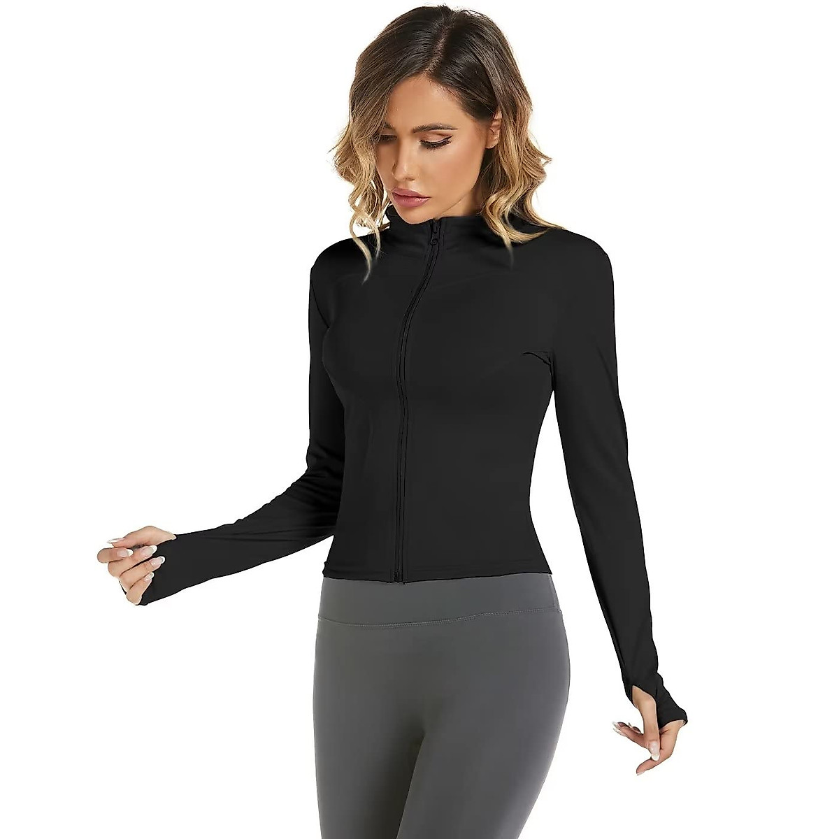 Aolpioon Women's Quick Dry Stretchy Sweat Shirt Long Sleeve Athletic Crop Jackets Yoga Tennis Golf Tight Fitted Light Jacket Black L