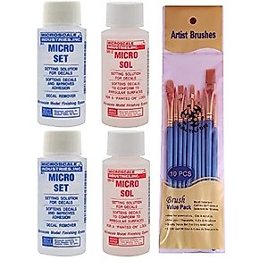 Micro Scale Decal Setting Solution, Micro Set MI1 and Micro Sol MI2, Two Bottles of Each with Make Your Day Paintbrush Set