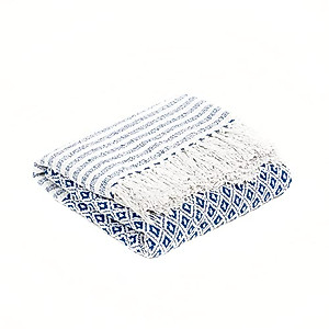 Indian Haat Bazaar Throw Blanket - Pure Cotton Diamond Pattern Countryside Boho Farmhouse Soft and Warm Cozy Blanket & Throws for Sofa - Blue - 50x60 Inches (TRW00001-NB-5060)