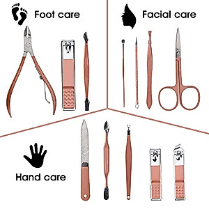 Nail Clippers and Beauty Tool Portable Set, Rose Gold Martensitic Stainless Steel Manicure Set 12 in 1, with Pink Leather Bag, Suitable for Home, Workplace, Outdoor Travel, Gift Giving, Beauty Salon.