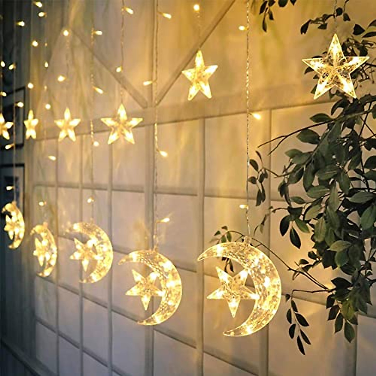 FUNPENY Solar Star and Moon Fairy String Lights 138LED 8 Lighting Modes Outdoor/Indoor Waterproof Twinkle Curtain Light for Backyard Garden Patio Home Ramadan Decoration