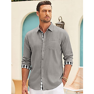 COOFANDY Mens Shirt Casual Linen Dress Plaid Collar Button Down, Grey, Large, Long Sleeve