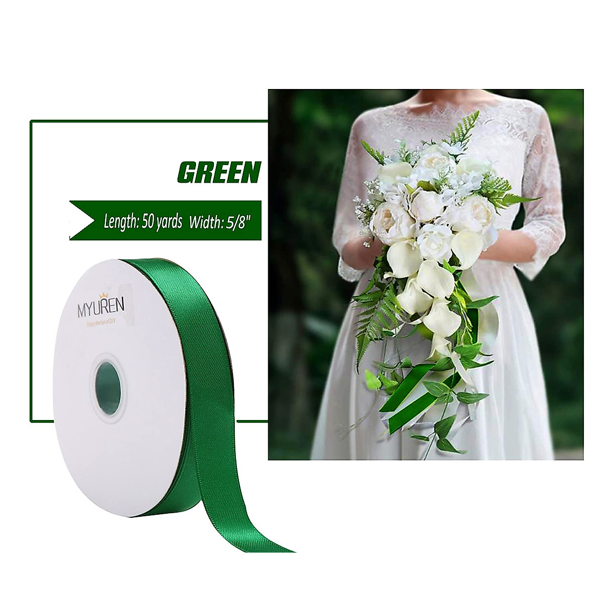 5/8 inch Double Faced Green Polyester Satin Ribbon for Gift Wrapping，Party Favor， Baby Shower，Invitation Embellishments，Floral Arrangement Craft Supplies (50 Yards)