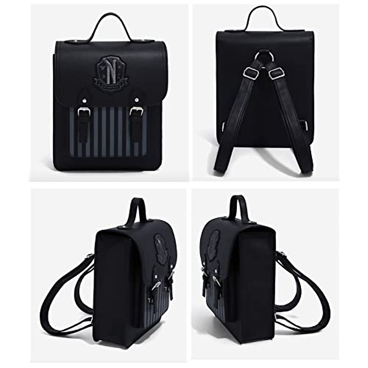 CLESUZ Wednesday Backpack Vintage Black Leather Backpack with Adjustable Shoulder Straps and Trendy Keychains Preppy Y2K Gothic Academy Backpack (GreyStripes)