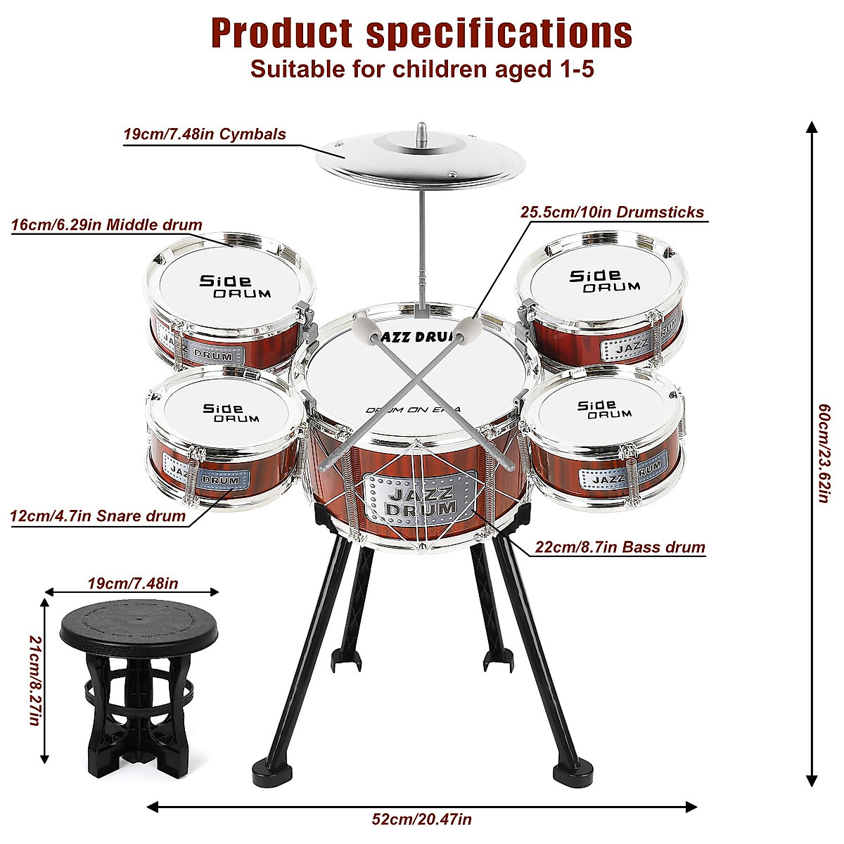 M SANMERSEN Kids Drum Set Jazz Drum Kit 8 Piece for Toddler Educational Percussion Musical Instruments Drum Toy Playset Xmas Gift for Boys Girls - Red
