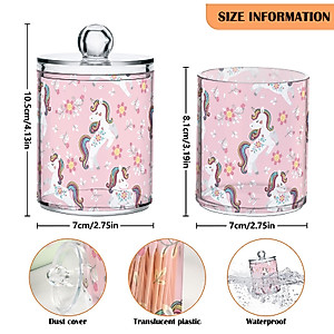 SDMKA 2 Pack Apothecary Jars Bathroom White Unicorn Pink Qtip Holder Dispenser Clear Plastic Storage Canister Jar with Lid for Cotton Ball, Cotton Swab