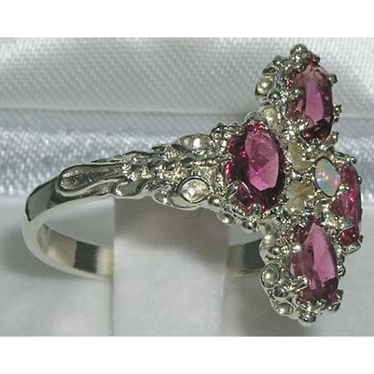 LetsBuyGold 925 Sterling Silver Real Genuine Opal and Pink Tourmaline Womens Band Ring - Size 10