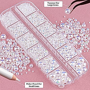3800 Pcs 3 Boxes Flat Back Pearls Kits Flatback Colorful AB+White AB+Beige AB Half Round Pearls with Pickup Pencil and Tweezer for Home DIY and Professional Nail Art, Face Makeup and Craft