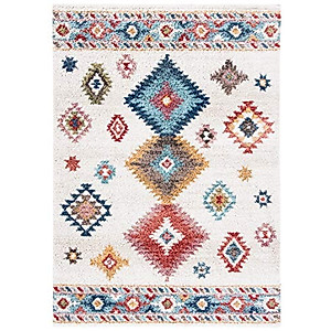 SAFAVIEH Calista Shag Collection 4'5" x 6'5" Ivory/Blue CAL142A Moroccan Boho Tribal Non-Shedding Living Room Bedroom Dining Room Entryway 1-inch Thick Area Rug