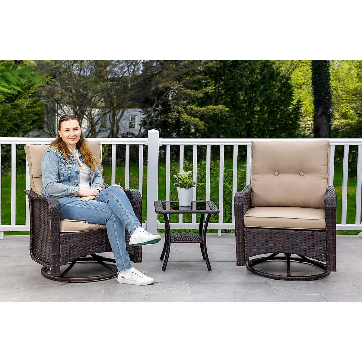Gotland 3 Pieces Patio Swivel Rocker Wicker Chairs-Outdoor Swivel Rocking Chairs with 1 Rattan Coffee Table&2 Khaki Thickened Cushions Outdoor Furniture Conversation Sets