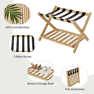 Semiocthome 2 Pack Fully Assembled Luggage Rack, Folding Suitcase Stand with Storage Shelf, Wood Suitcase Rack fit Most Luggage Size, Luggage Holders Stand for Guest Room Bedroom and Hotel (Wood