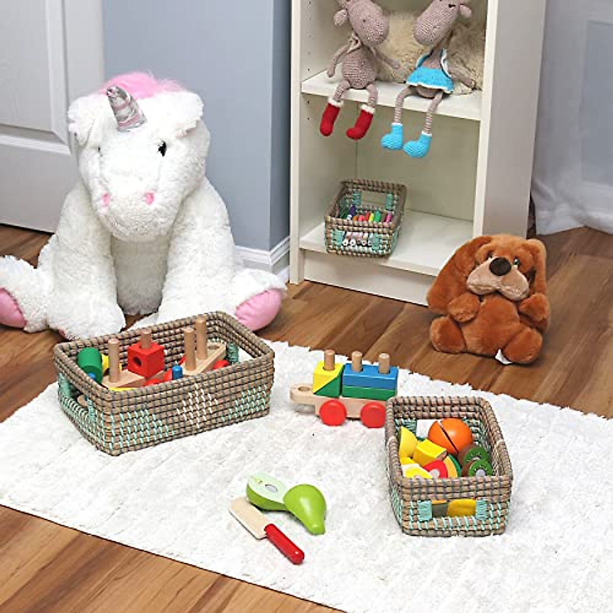 Wicker Storage Baskets, Set of 3, Handmade Natural Boho Home Decor, Seagrass Shelf Basket, Rectangular Woven Basket, Natural Basket for Organizing, Decorative Basket with Handles