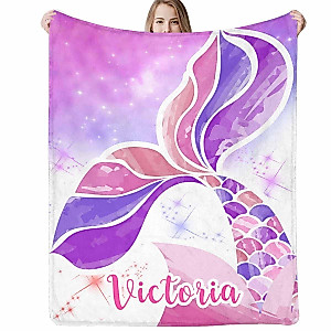 Custom Name Blanket for Baby Girls Personalized Mermaid Blanket Purple Throw Blanket for Kids Girls Adults 30"x40"Inch