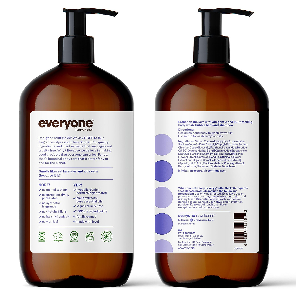 Everyone 3-in-1 Soap, Body Wash, Bubble Bath, Shampoo, 32 Ounce (Pack of 2), Lavender and Aloe, Coconut Cleanser with Organic Plant Extracts and Pure Essential Oils (Packaging May Vary)
