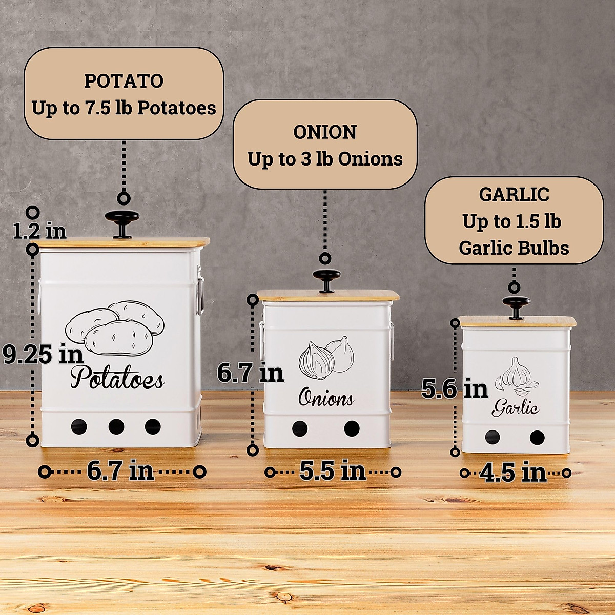 Potato Onion Garlic Storage Set of 3 Ventilated Iron Canisters with Bamboo Lids - Potato and Onion Storage Bin for Pantry - Kitchen Vegetable Storage Containers - Cute Metal Vegetable Bin Set of 3