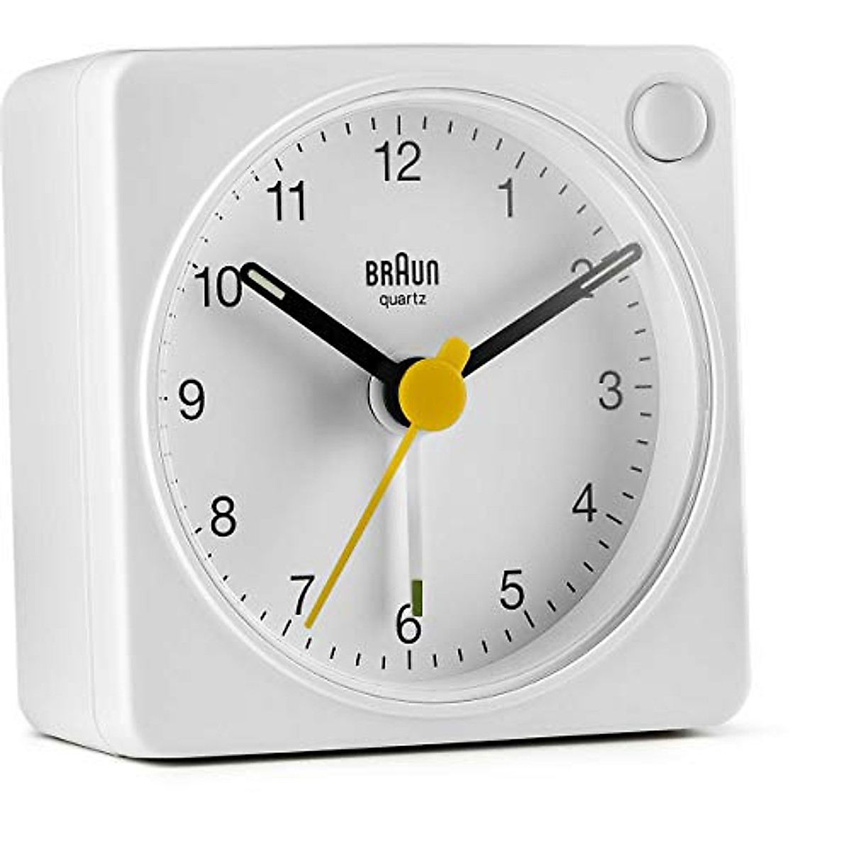 Braun Classic Travel Analogue Clock with Snooze and Light, Compact Size, Quiet Quartz Movement, Crescendo Beep Alarm in White, Model BC02XW, One