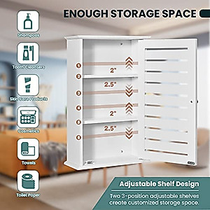 COSTWAY Wall Mounted Bathroom Cabinet, Wooden Storage Cabinet with 2 Adjustable Shelves and Reversible Door, Versatile Hanging Medicine Cabinet for Living Room, Kitchen, Entryway (White)
