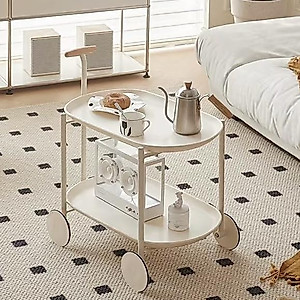 GGW Rolling Cart with Handle, 2-Tier Small Bar Cart, Serving Cart with Wheels, Drink Cart with Steel Frame, Mobile Sofa Side Table with Trays for Home, White