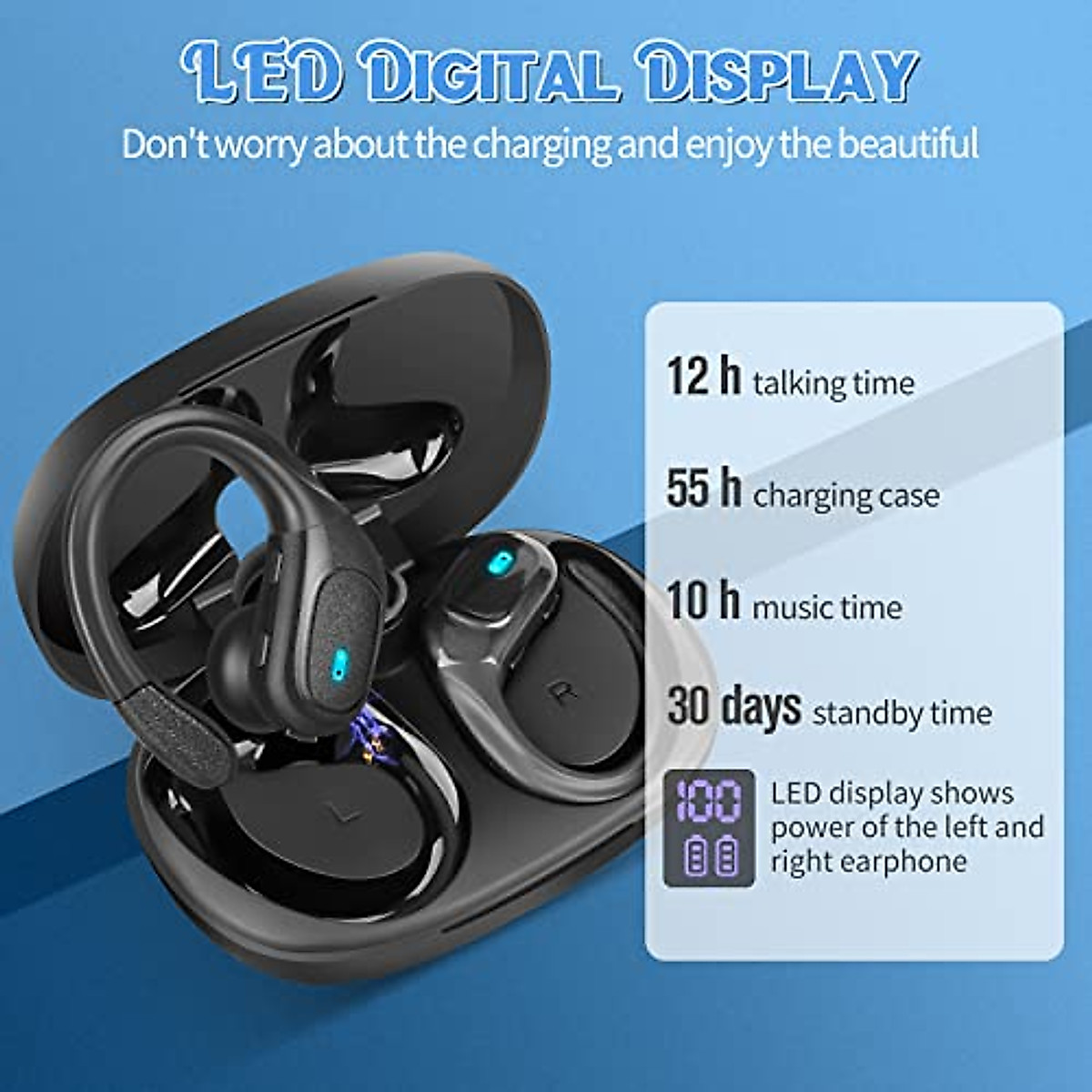 Bluetooth Headphones Wireless Earbuds Waterproof Over Ear Earhooks Bluetooth 5.3 Running Earphones with Wireless Charging Case Digital LED Display Built-in Mic Headset for Sport Running Workout Gym