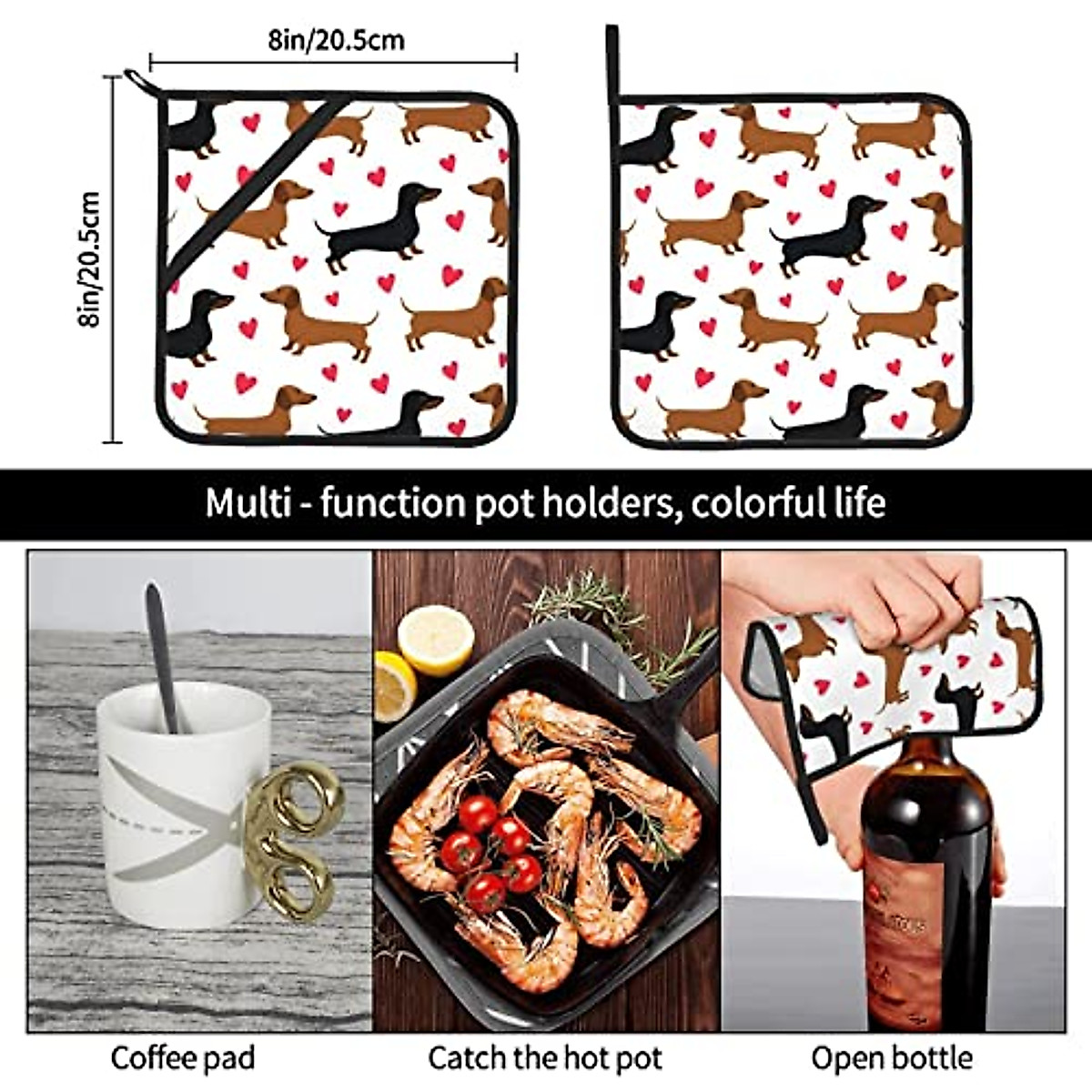 Romantic Dachshunds Set of 2 Square Insulated Pot Holders, Kitchen Baking, Pot Holders Sets, One with Pocket and One Without Pocket