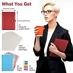 A5 Binder Journal, Refillable 6 Ring Organizer Planner Leather Business Writing Notebook, Ruled Hardcover Diary Notebook with Divider page and Index stickers-Red