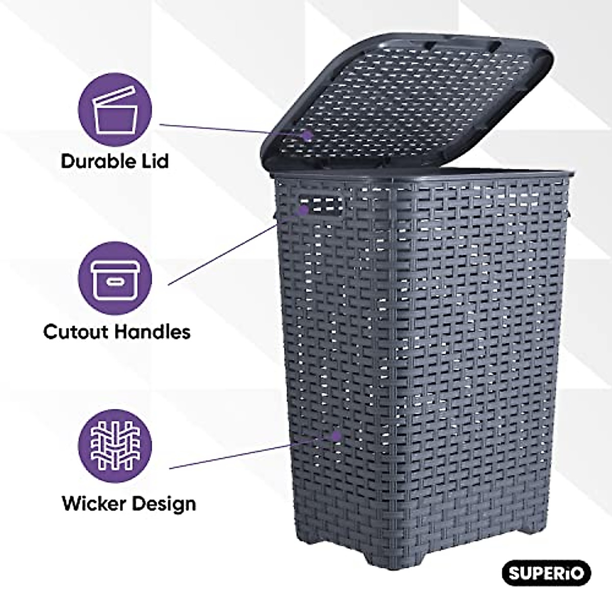 Plastic Laundry Hamper with Lid Laundry Hamper Basket, Grey 2 Pack Tall Cloths Hamper Organizer with Cut-out Handles. Space Saving for Laundry Room Bedroom Bathroom, Wicker Design 60 Liter