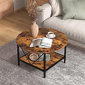 Yusong Round Coffee Table for Living Room, Farmhouse Circle 32 Inch Coffee Tables with Storage Shelf, 2-Tier Modern Center Table Easy to Assemble, Rustic Brown and Black