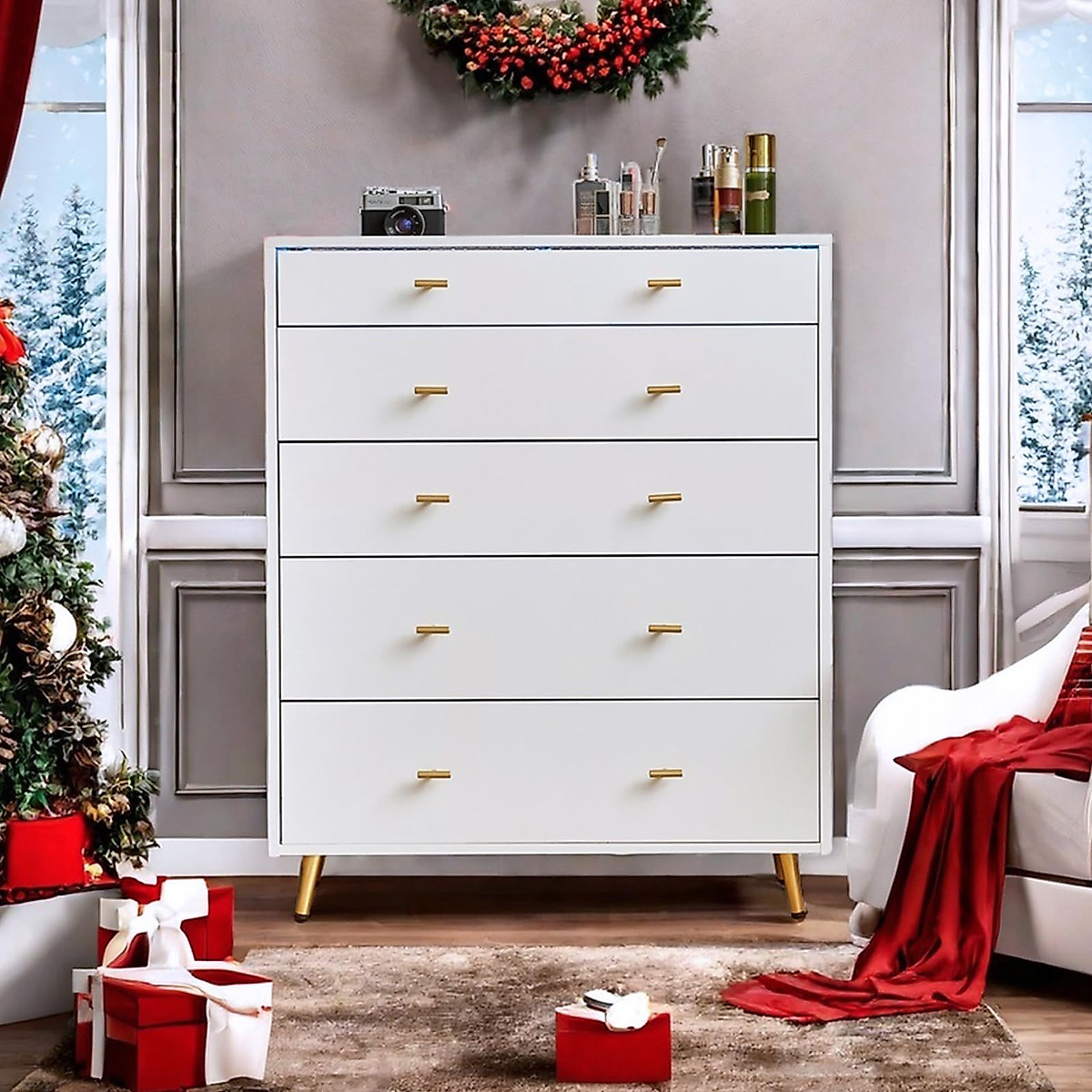 JanflyHome 5 Drawer Dresser for Bedroom Tall, Glass Dresser with 20 Colors LED Lights as Jewelry Organize, Wood Chest of Drawers for Bedroom, Living Room, Cloakroom, Entryway, White