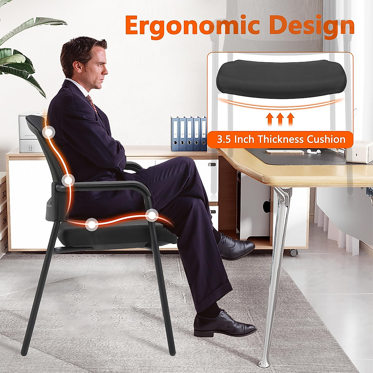 CLATINA Office Reception Guest Chair Mesh Back Stacking with Ergonomic Lumbar Support and Thickened Seat Cushion for Waiting Conference Room Black 4 Pack