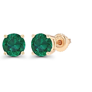 14K Yellow Gold Plated Sterling Silver 6mm Round Created Green Emerald May Birthstone Screwback Stud Earrings